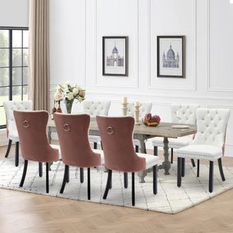 Generic Samtgepolstertes, Getuftetes Esszimmerstuhl-Set Mit Nagelkopfbesatz Und Beinen Aus Massivholz - Beige (für Esszimmer, Küche, Restaurant)(Leather-White