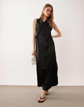 Asos Robe cache-coeur mi-longue en satin - Noir