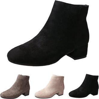Generic Bottes pour femme - Talon bloc bas - En daim synthétique - Bout rond - Fermeture éclair latérale - Antidérapantes - Couleur unie - Élégantes - Tendanc