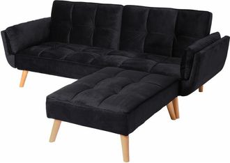 Hhg neuwertig] Schlafsofa 546 mit Ottomane, Couch Sofa G&auml;stebett, Schlaffunktion 218x175cm Samt schwarz