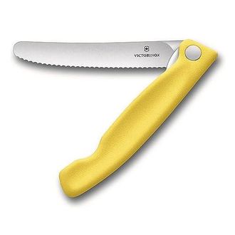 Victorinox by Swiss Army Swiss Classic Couteau de pique-nique pliable pour les randonn&eacute;es, fruits, l&eacute;gumes, petits pains, saucisses, &agrave; lame crant&eacute;e, extra-tranchante, Jaune