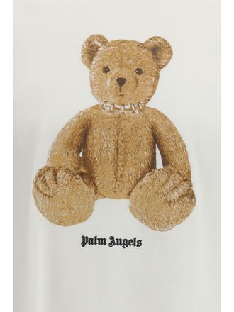 Palm Angels Mens T-Shirt Bear Print Off White-Brown Cotton T-Shirts White/brown And Polos
