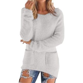 Generic Pull pour femme en peluche douce et confortable à col rond à manches longues avec poche, Z01-Gris, 3XL