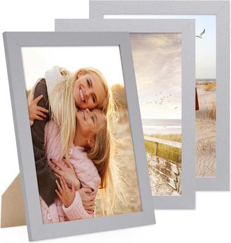 Photolini Bilderrahmen 18x24 cm Silber MDF-Holz, breite Rahmen, 3er Set, modern, bruchsicheres Acrylglas, zum Aufhängen & Aufstellen, extra Zubehör - für Ihre s