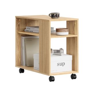 SoBuy Beistelltisch mit Rollen, 2-stufiger Rollender Beistelltisch mit Ablagef&auml;chern, Mobiles B&uuml;cherregal f&uuml;r Wohnzimmer, Schlafzimmer, B&uuml;ro, L70 x B35 x H6