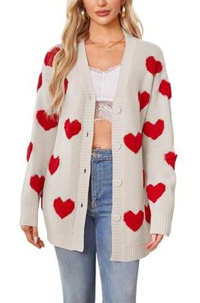 Generic Cardigan en tricot boutonn&eacute; &agrave; col en V en forme de coeur pour la Saint-Valentin 2026, Beige-A, XL