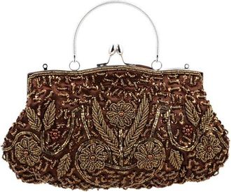 BESTONZON Pochette de Soir&eacute;e Marron Caf&eacute; Brod&eacute;e Perl&eacute;e, Paquet &agrave; Main R&eacute;tro Fait Main pour Femme, Usage en Mariage et Soir&eacute;e