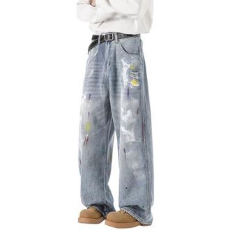 Generic Jean Homme Jeans Homme Week-End/Voyage Pantalon en Jean Ample Encre Droite Streetwear - Peint &Agrave; La Main, Style Artistique Et S&eacute;duisant pour Homme Mode
