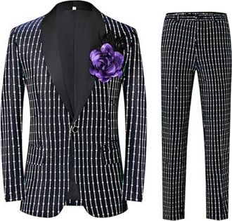 Generic Blazer &agrave; paillettes brillantes pour homme - Ensemble deux pi&egrave;ces - Blazers crant&eacute;s d&eacute;contract&eacute;s et intelligents - Un bouton - Coupe r&eacute;guli&egrave;re - Change