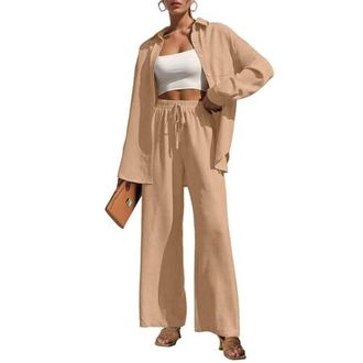 Generic Ensemble deux pièces pour femme avec chemise boutonnée sur le devant et pantalon large à nouer sur le devant, ensemble en lin, tenues modestes pour fe