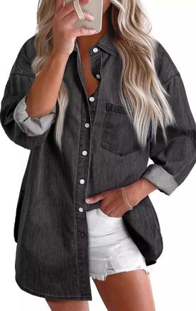 EUDOLAH Damen &Uuml;bergro&szlig;es Jeanshemd mit Polo-Kragen als l&auml;ssige Bluse oder leichte Jacke (Dunkelgrau,3XL)