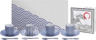 Tokyo Design Studio Nippon Blue Espresso-Set blau-weiß, 12-TLG., 4X Espresso-Tassen mit Untertassen und Löffeln, asiatisches Porzellan, Japanisches Design, inkl. Geschenk