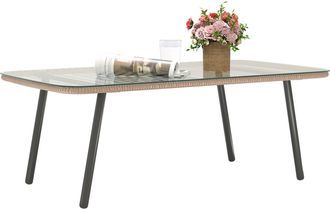 OUTSUNNY Gartentisch aus PE-Rattan mit Glasplatte, rechteckiger Couchtisch f&uuml;r Au&szlig;en- und Innenbereich, 110 x 60 x 40 cm, Naturholz