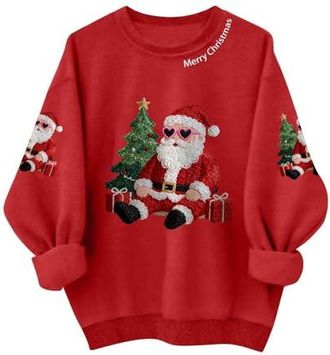 Generic Chandails rouges imprim&eacute;s de No&euml;l pour femmes, motif P&egrave;re No&euml;l mignon graphique surdimensionn&eacute;, coupe ample, col rond, pull dhiver d&eacute;contract&eacute;, tendan