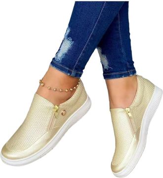 Onsoyours Damen Sneakers Turnschuhe Mode Breathble Freizeitschuhe PU Leder Sportschuhe Flache Laufschuhe Zipper Casual Walkingschuhe A Gold 41 EU