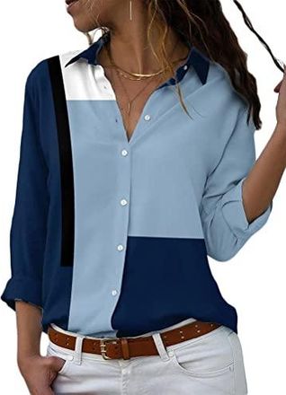 Onsoyours Chemisier Femme Élégant Col V Patchwork Blouse Chic Chemise Tee Shirt Basique Boutons Hauts Plage Ample Tunique Tops C Bleu 02 XL