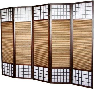 PEGANE Paravent Japonais séparateur de pièce en Bois avec Bambou de 5 Panneaux Coloris Marron -PEGANE