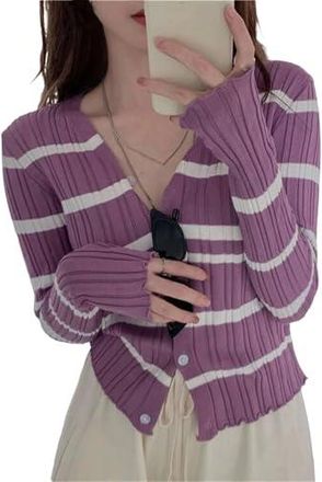Generic Y2k Cardigan &agrave; rayures cor&eacute;ennes en tricot fin avec boutons d&eacute;contract&eacute;s et col en V pour femme, violet, Taille Unique