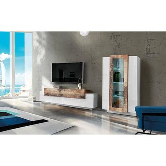 Dmora Modulare Wohnwand, Made in Italy, mit wei&szlig;em LED-Licht, TV-St&auml;nder und Vitrine, Modernes Wohnzimmer-Set, 290x45h121 cm, Glanzwei&szlig; und Ahornfarbe