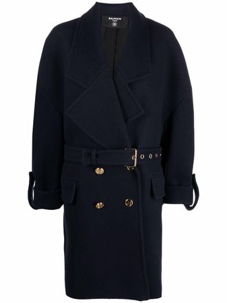 Balmain manteau &agrave; taille ceintur&eacute;e - Bleu