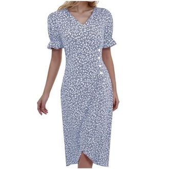 Generic Robe d&eacute;t&eacute; d&eacute;contract&eacute;e pour femme avec manches bouffantes et col en V &agrave; lourlet, bleu clair, XXL