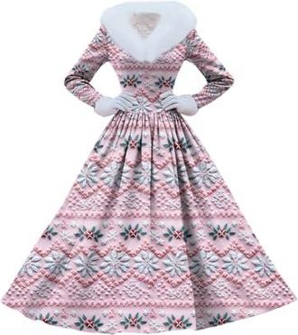 Generic Robe de Noël élégante pour femme - Col en V - Motif sapin de Noël - Robe décontractée - Longueur genou, rose, XXL