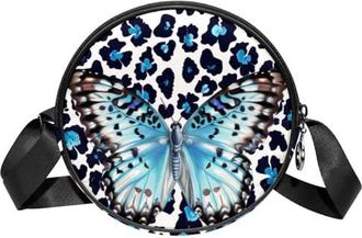 Generic Petit sac &agrave; bandouli&egrave;re rond pour femme, motif papillon et l&eacute;opard, avec fermeture &eacute;clair, bretelles r&eacute;glables, style d&eacute;contract&eacute;, pour femmes et fill