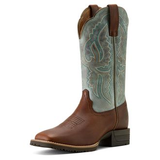 Ariat Womens Hybrid Ranchwork Wide Square Toe Western Boots in Peanut Worn Denim, B Medium Width, Size 36.5, by Ariat