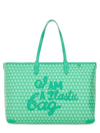 Anya Hindmarch Womens Tote Bag With I Am A Plastic Pattern Green Cowhide - Bos Taurus Handbags Hand