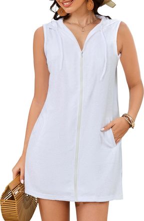 Bsubseach Frottee Cover Up Frauen mit Kapuze Badeanzug Coverup Rei&szlig;verschluss Strand Coverups &auml;rmellose Badem&auml;ntel mit Taschen Wei&szlig; XL