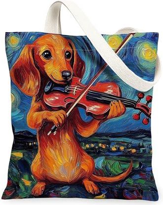 Generic Sac fourre-tout en toile motif teckel pour faire du shopping, 33 x 38,1 cm, motif violon &eacute;toil&eacute;, sac d&eacute;picerie r&eacute;utilisable pour femme, animal domesti