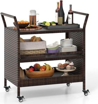 Costway Chariot de Bar Ext&eacute;rieur, &Eacute;tag&egrave;re de Rangement en Rotin &agrave; 3 Niveaux avec Roues Universelles Verrouillables & Poign&eacute;es Lat&eacute;rales, 86 x 50 x 89 cm
