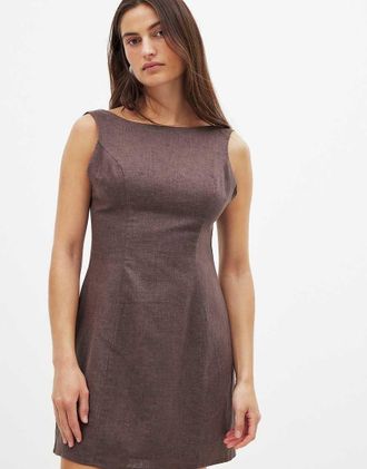 NA-KD Robe courte en lin m&eacute;lang&eacute; &agrave; dos ouvert - Marron