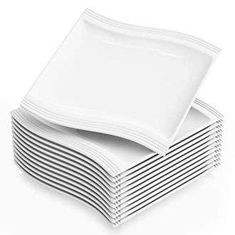Malacasa S&eacute;rie Flora 12 Assiettes Plates Carr&eacute;es en Porcelaine, Grandes Assiettes Blanches 26 cm pour P&acirc;tes D&icirc;ner et Bifteck, Assiettes Service de Table Passe 