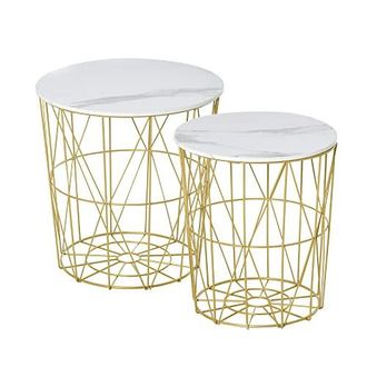 HOMCOM 2er-Set Niedriger Ausziehtisch - Runde Beistelltische zum Einbauen Neo-Retro-Stil Zweifarbig Goldfarbenes Metallgestell MDF-Platte Marmoroptik Wei&szlig;