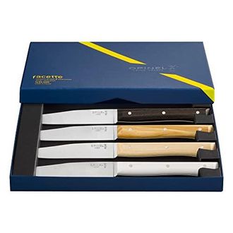 Opinel Opinel - Coffret de 4 Couteaux de Table Facette Panaché - Lame Pleine Soie Lisse - Manches Frêne, Olivier, Éco-Matériau - Garantie à Vie - Fabrication