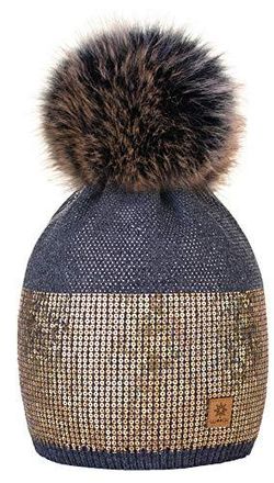 4sold Lady Bonnets Bonnet Fourr&eacute; Hiver pour Femme Bonnet Tricot&eacute; et Gros Pompon Coloris Taille Unique Small Crystals Sequins (Gris Fonc&eacute;)