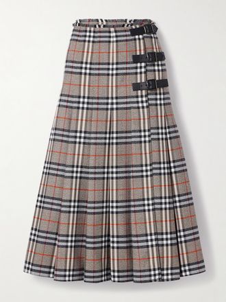 Burberry Jupe Midi En Laine &Agrave; Carreaux, Plis Et Finitions En Cuir - Multicolore