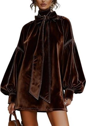 Generic Robe nuisette en velours pour femme - Manches longues - Col montant - Noeud - Style vintage - Pour invit&eacute;es de mariage, marron, XXL
