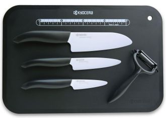 Kyocera Keramikmesser Set- 3 Messer Griff schwarz + Keramikschäler + Schneidunterlage Fb. schwarz