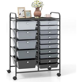 Costway Chariot de Rangement 15 Tiroirs en pp Empilables Amovibles, Tour de Rangement &agrave; Roulette, Cadre en M&eacute;tal, pour &Eacute;cole, Bureau, 63x37x87cm, Noir+Noir