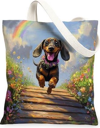 Generic Sac fourre-tout en toile pour le shopping Motif teckel printanier 33 x 38,1 cm, sac d&eacute;picerie r&eacute;utilisable pour femme, motif floral amusant pour anima