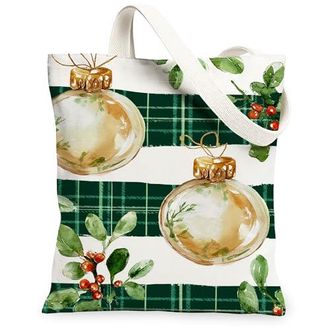 Generic Sacs fourre-tout en toile de vacances, motif ornement festif, sacs de courses r&eacute;utilisables, sacs &agrave; provisions rustiques, l&eacute;gers et lavables pour voya