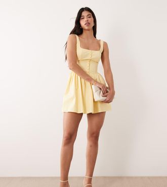 KAIIA Exclusivit&eacute; - Kaiia - Robe courte boutonn&eacute;e en popeline de coton avec encolure carr&eacute;e et la&ccedil;age dans le dos - Jaune