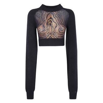 Jean Paul Gaultier Gerippter Cropped Pullover mit Mesh Cut-Outs - - Knitwear - Damen - Schwarzk - M