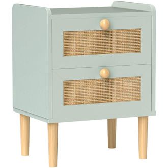 HOMCOM Table de chevet - HOMCOM - 2 tiroirs - design boh&egrave;me en r&eacute;sine tress&eacute;e - 39,8 x 30 x 52,5 cm - vert olive