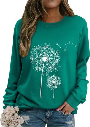 Dresswel Damen Löwenzahn Sweatshirt Langarmshirt Pusteblume Drucken Pullover Herbst Winter Bluse Tops Oberteile(Teal, 2XL)