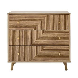 Calicosy Kommode mit 3 Schubladen - Fronten in L-Optik und goldfarbenen Kn&ouml;pfen - F&uuml;&szlig;e aus Holz Dekor - Schlafzimmer, Wohnzimmer - L 80 x T 40 x H 75 cm