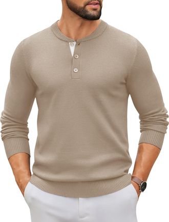 Coofandy Henley Shirts Herren Langarm Dünner Pullover mit Knöpfen Leicht Strickpullover Casual Winterpullover Pulli Männer Khaki 3XL