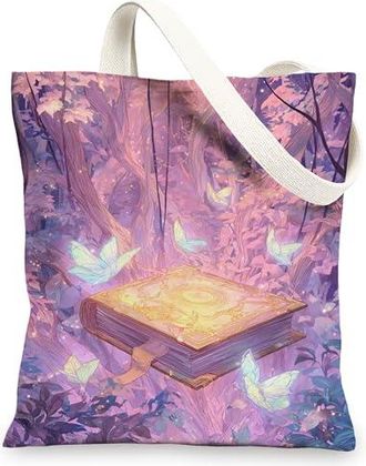 Generic Sac fourre-tout fantaisie en toile, motif livre enchanté, sacs de courses réutilisables, fantaisie, léger, lavable en toile avec bandoulière, violet, 